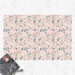 Bilderwelten Kork-Teppich Illustration rosa Aquarell - Rosa Rosen mit Blaubeeren vor Wei&szlig; - Rose Wohnzimmer Schlafzimmer