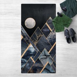 Bilderwelten Kork-Teppich Abstrakt blau originell Aquarell - Goldener Mond abstrakte schwarze Berge - Deko Wohnzimmer Schlafzimmer