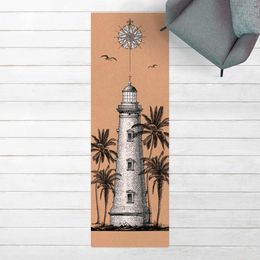 Bilderwelten Kork-Teppich Illustration schwarz Strand Korkmatte - Nautik Leuchtturm mit Kompassrose - Palme Wohnzimmer Schlafzimmer