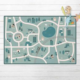 Bilderwelten Kork-Teppich Illustration blau Korkmatte - Dorf - Klein aber fein - Auto Kinderzimmer Baby M&auml;dchen Jungen