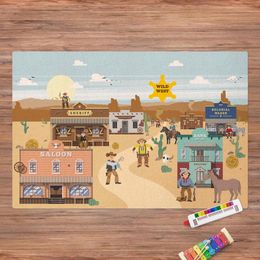 Bilderwelten Kork-Teppich Illustration bunt Natur Korkmatte - Wilder Westen - Vor dem Saloon - W&uuml;ste Kinderzimmer Baby M&auml;dchen Jungen