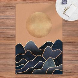 Bilderwelten Kork-Teppich Abstrakt gold originell Aquarell - Goldene Sonne blaue Wellen - Deko Wohnzimmer Schlafzimmer