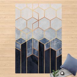 Bilderwelten Kork-Teppich Abstrakt blau originell Aquarell - Goldene Sechsecke Blau Wei&szlig; - Geometrisch Wohnzimmer Schlafzimmer