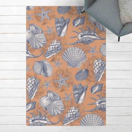 Bilderwelten Kork-Teppich Illustration blau Strand Korkmatte - Muster Nautik Seestern und Muscheln - Landschaft Wohnzimmer Schlafzimmer