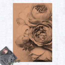 Bilderwelten Kork-Teppich Motiv schwarz weiss Blumen Korkmatte - Pfingstrosenbl&uuml;ten Schwarz Wei&szlig; - Rose Wohnzimmer Schlafzimmer