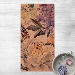 Bilderwelten Kork-Teppich Zartes Aquarell Boho Bl&uuml;ten und Federn Muster