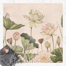 Bilderwelten Kork-Teppich Tropisch gr&uuml;n Blumen Aquarell - Anmutige Seerosen und sanfte Bl&auml;tter - Gr&auml;ser Wohnzimmer Schlafzimmer