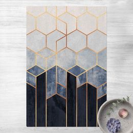 Kork-Teppich - Goldene Sechsecke Blau Wei&szlig; - Abstrakt blau originell Aquarell Geometrisch Wohnzimmer Schlafzimmer