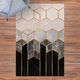 Bilderwelten Kork-Teppich Abstrakt schwarz weiss originell Aquarell - Goldene Sechsecke Schwarz Wei&szlig; - Geometrisch Wohnzimmer Schlafzimmer