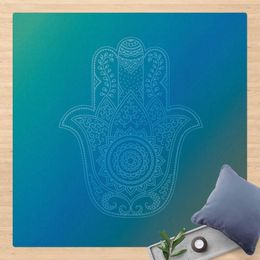 Kork-Teppich - Hamsa Hand Illustration Blau - Orientalisch blau Spirituell Korkmatte Meditation Wohnzimmer Schlafzimmer