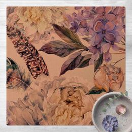 Bilderwelten Kork-Teppich Illustration pastell Blumen Aquarell - Zartes Aquarell Boho Bl&uuml;ten und Federn Muster - Rose Wohnzimmer Schlafzimmer