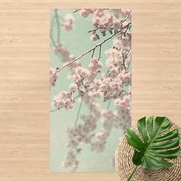Bilderwelten Kork-Teppich Motiv beige Blumen Korkmatte - Kirschbl&uuml;tentanz auf Leinenstruktur - Kirschbl&uuml;te Wohnzimmer Schlafzimmer