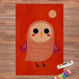 Bilderwelten Kork-Teppich Illustration rot Tiere Aquarell - Kleine Eule bei Roter Nacht - Eule Kinderzimmer Baby M&auml;dchen Jungen
