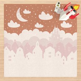 Kork-Teppich - Sternenhimmel mit H&auml;usern und Mond in rosa - Illustration rosa Korkmatte Deko Kinderzimmer Baby M&auml;dchen Jungen