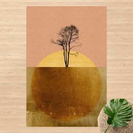 Bilderwelten Kork-Teppich modern gold Natur Korkmatte - Goldene Sonne mit Baum - Sonnenuntergang Wohnzimmer Schlafzimmer