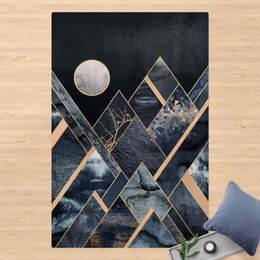Bilderwelten Kork-Teppich Abstrakt blau originell Aquarell - Goldener Mond abstrakte schwarze Berge - Deko Wohnzimmer Schlafzimmer
