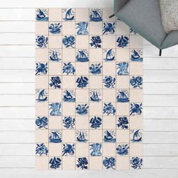 Bilderwelten Kork-Teppich Illustration blau Fliesenoptik - Handgemalte Fliesen mit Blumen, Schiffen und V&ouml;geln - Deko Wohnzimmer Schlafzimmer