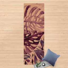 Bilderwelten Kork-Teppich Tropisch violett Aquarell - Aquarell Tropische Bl&auml;tter mit Monstera in Aubergine - Pflanzen Wohnzimmer Schlafzimmer