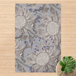 Bilderwelten Kork-Teppich Vintage grau Blumen Korkmatte - Florale Eleganz Blaubeeren - Retro Wohnzimmer Schlafzimmer