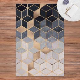 Bilderwelten Kork-Teppich Abstrakt gold originell Aquarell - Blau Wei&szlig; goldene Geometrie - Geometrisch Wohnzimmer Schlafzimmer
