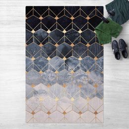 Kork-Teppich - Blaue Geometrie goldenes Art Deco - Abstrakt gold originell Aquarell Geometrisch Wohnzimmer Schlafzimmer