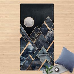 Kork-Teppich - Goldener Mond abstrakte schwarze Berge - Abstrakt blau originell Aquarell Deko Wohnzimmer Schlafzimmer