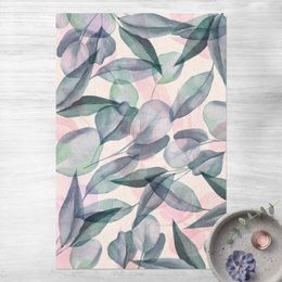Bilderwelten Kork-Teppich Illustration pastell Aquarell - Blaue und Rosane Eukalyptus Aquarellbl&auml;tter - Deko Wohnzimmer Schlafzimmer