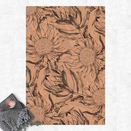 Bilderwelten Kork-Teppich Vintage schwarz Blumen Korkmatte - Florale Eleganz Vintage Protea - Retro Wohnzimmer Schlafzimmer