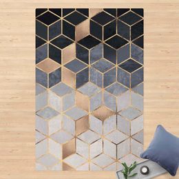 Kork-Teppich - Blau Wei&szlig; goldene Geometrie - Abstrakt gold originell Aquarell Geometrisch Wohnzimmer Schlafzimmer