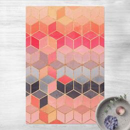 Bilderwelten Kork-Teppich Abstrakt rosa originell Aquarell - Buntes Pastell goldene Geometrie - Geometrisch Wohnzimmer Schlafzimmer
