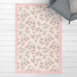 Bilderwelten Kork-Teppich Illustration weiss Aquarell - Aquarell Apfelbl&uuml;ten und Knospen mit Rahmen - Deko Wohnzimmer Schlafzimmer