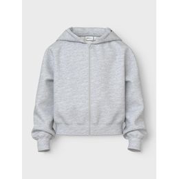 name it M&auml;dchen Kapuzensweatjacke "NKFMILLE SHORT NREG SWE CARD WH UNB NOOS", grau, Gr. 122, meliert, unifarben, Sweatware, Obermaterial: 80%