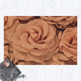 Bilderwelten Kork-Teppich Landhaus beige Blumen Korkmatte - Rosen Sepia mit Wassertropfen - Rose Wohnzimmer Schlafzimmer