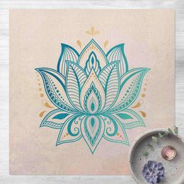 Kork-Teppich - Lotus Illustration Mandala gold blau - Illustration t&uuml;rkis Spirituell Korkmatte Ornamente Wohnzimmer Schlafzimmer