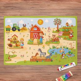 Bilderwelten Kork-Teppich Illustration bunt Korkmatte - Bauernhof - Landarbeit macht Spa&szlig; - Bauernhof Kinderzimmer Baby M&auml;dchen Jungen