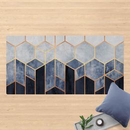 Kork-Teppich - Goldene Sechsecke Blau Wei&szlig; - Abstrakt blau originell Aquarell Geometrisch Wohnzimmer Schlafzimmer