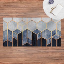 Bilderwelten Kork-Teppich Abstrakt blau originell Aquarell - Goldene Sechsecke Blau Wei&szlig; - Geometrisch Wohnzimmer Schlafzimmer