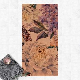 Kork-Teppich Zartes Aquarell Boho Bl&uuml;ten und Federn Muster