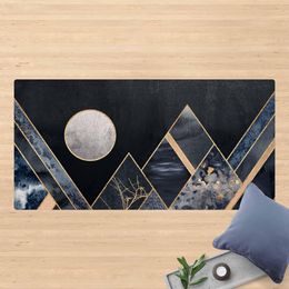 Kork-Teppich - Goldener Mond abstrakte schwarze Berge - Abstrakt blau originell Aquarell Deko Wohnzimmer Schlafzimmer