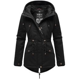 Winterjacke Marikoo "Manolya", Damen, Gr. XXL (44), schwarz, Oberstoff: 100% Baumwolle. Futter: 100% Polyester. Wattierung: 100% Polyester. &Auml;rmelfutter: 100% Polyester, figurbetont Po-bedeckend, hoch geschlossener Ausschnitt, &Auml;rmel ohne &Auml;rmelschlitz Rippstrickb&uuml;ndchen mit Druckknopf, Jacken Winterjacke, stylischer Kurzmantel mit weichem Teddyfell-Futter