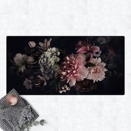 Kork-Teppich - Blumen mit Nebel auf Schwarz - Fotomontage schwarz Blumen Korkmatte Deko Wohnzimmer Schlafzimmer