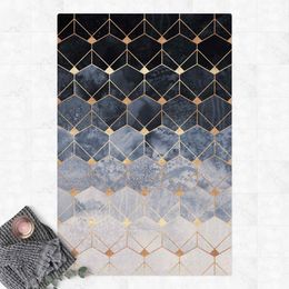 Bilderwelten Kork-Teppich Abstrakt gold originell Aquarell - Blaue Geometrie goldenes Art Deco - Geometrisch Wohnzimmer Schlafzimmer