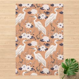Bilderwelten Kork-Teppich Illustration grau Tiere Korkmatte - Chinoiserie Silberreiher zwischen Seerosen - V&ouml;gel Wohnzimmer Schlafzimmer