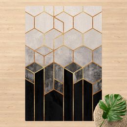 Kork-Teppich - Goldene Sechsecke Schwarz Wei&szlig; - Abstrakt schwarz weiss originell Aquarell Geometrisch Wohnzimmer Schlafzimmer