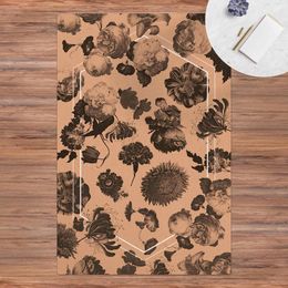 Bilderwelten Kork-Teppich Illustration grau Blumen Aquarell - Dunkle Barockbl&uuml;ten mit wei&szlig;er Geometrie - Deko Wohnzimmer Schlafzimmer