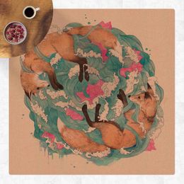 Kork-Teppich - Illustration F&uuml;chse und Wellen Malerei - modern t&uuml;rkis Tiere Korkmatte Deko Wohnzimmer Schlafzimmer
