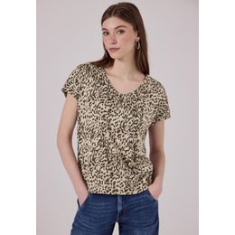 Damen T-Shirt, braun, Gr. 38, STREET ONE STUDIO, bedruckt, Web, 50% Baumwolle, 50% Modal, Shirts, mit abgerundetem V-Ausschnitt