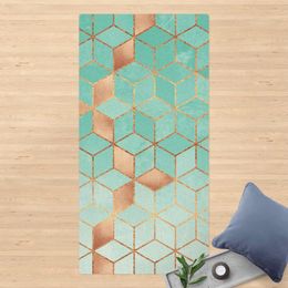 Kork-Teppich - T&uuml;rkis Wei&szlig; goldene Geometrie - Abstrakt t&uuml;rkis originell Aquarell Geometrisch Wohnzimmer Schlafzimmer