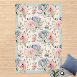 Bilderwelten Kork-Teppich Illustration pastell Aquarell - Aquarell Blumenbouquet mit Sukkulenten und Rahmen - Deko Wohnzimmer Schlafzimmer