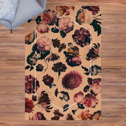 Bilderwelten Kork-Teppich Illustration rosa Blumen Aquarell - Barockbl&uuml;ten mit wei&szlig;er Geometrie - Deko Wohnzimmer Schlafzimmer